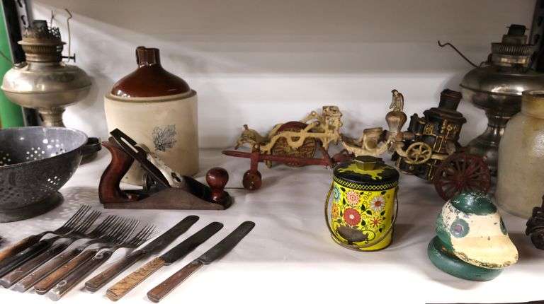 Lot Antique Stoneware Crock & Jug, Cast Iron Fire Wagon, Oil Lamps ...