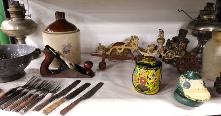 Lot Antique Stoneware Crock & Jug, Cast Iron Fire Wagon, Oil Lamps ...