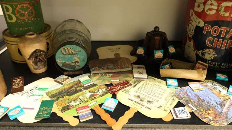 Lot Antique Stoneware Jugs, Hand Fans with Advertising, Matchbooks Etc ...