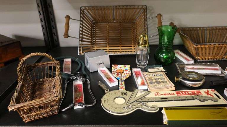 Lot Wood & Wire Baskets, Rock Star Ruler, Key Chains, Magnifying ...