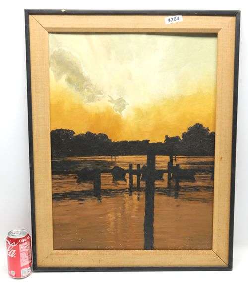 Vintage Oil on Board Sunset Harbor Dock Scene Painting, Signed Initials ...