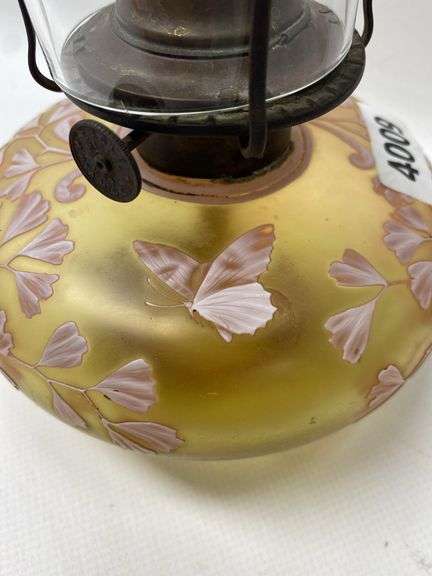 Antique Webb Cameo Glass Flowers and Butterflies Oil Lamp, Flea Bites ...