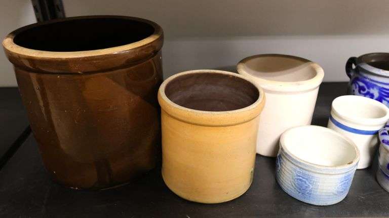Lot of Antique Pottery Crocks, Stoneware Jug, Cobalt Decorated Crocks ...