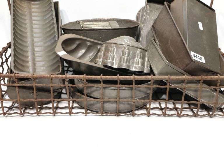 Generous Lot of Primitive Tin Kitchenware and Wire Basket - Dixon's ...