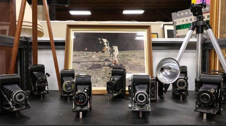 Lot of Vintage Film Cameras, Tripods, Framed Moon Landing Photo - Dixon ...