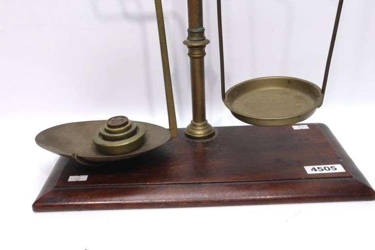 Antique Brass Balance Scale with Weights - Dixon's Auction at Crumpton
