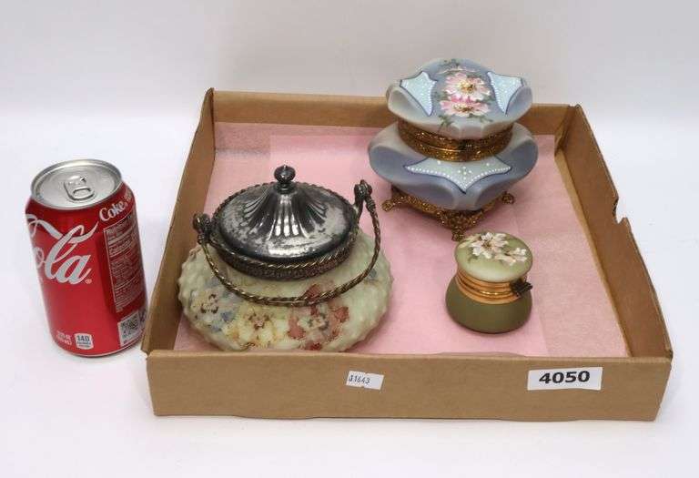 (3) Antique Wavecrest Dresser Boxes, Crown Milano Sweetmeat, Dresser Jars Have Nakara Marks ...