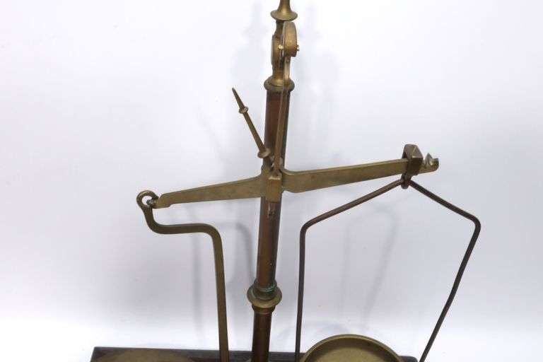 Antique Brass Balance Scale with Weights - Dixon's Auction at Crumpton