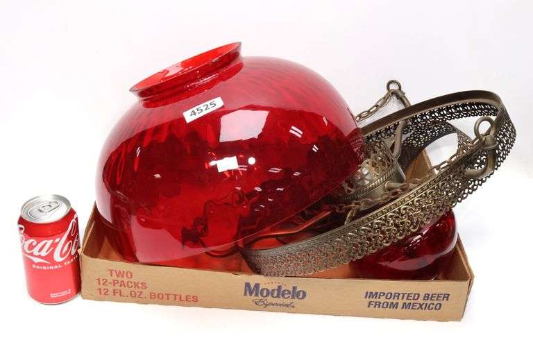 Hanging Ruby Glass Light Fixture, Chips to Shade - Dixon's Auction at ...