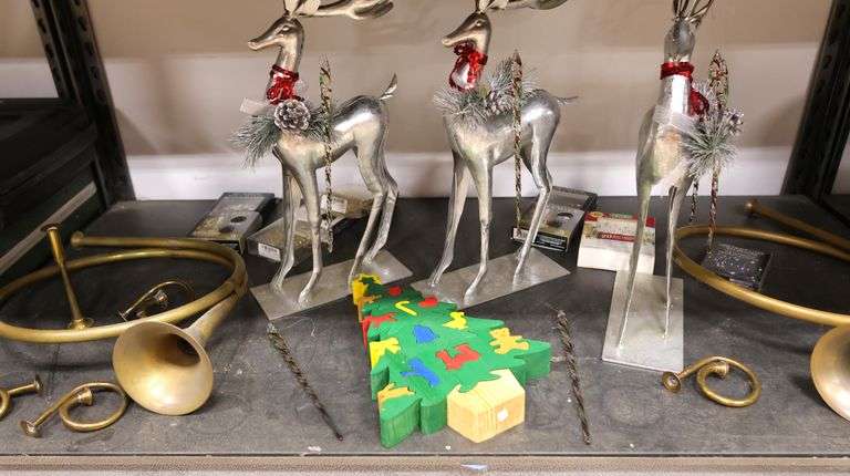 Lot of Christmas Reindeer, Brass Horns & Painted Wood Tree Decorations ...
