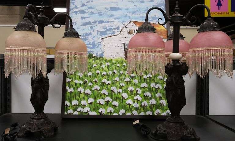(2) Bronzed Metal Lady Statue Lamps & Cotton Field Painting - Dixon's ...