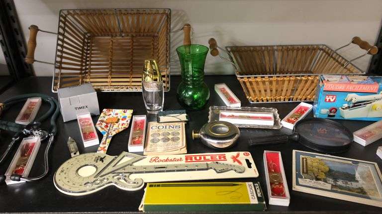Lot Wood & Wire Baskets, Rock Star Ruler, Key Chains, Magnifying ...