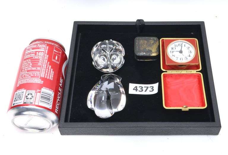 (4) 2 Steuben Paperweights, Stamp Box, & Westclox Clock - Dixon's ...