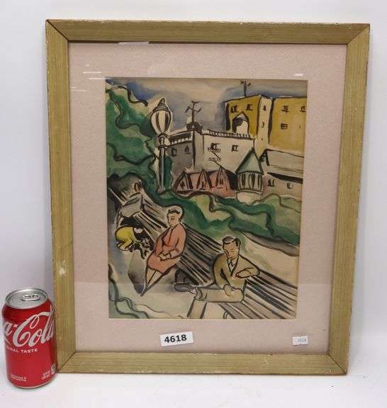 Vintage City Bench Scene Watercolor Painting - Dixon's Auction at Crumpton