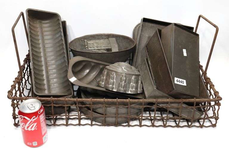 Generous Lot of Primitive Tin Kitchenware and Wire Basket - Dixon's ...