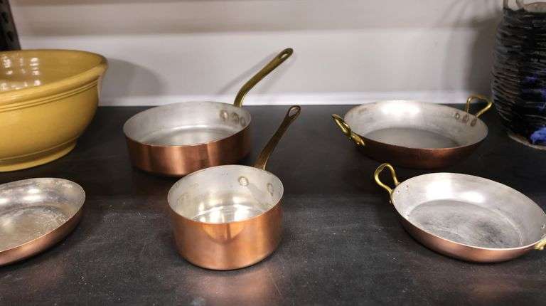 Lot of Vintage French Kitchen Bazaar Copper Cookware, Yellow Ware Bowls & Art Pottery Basket ...