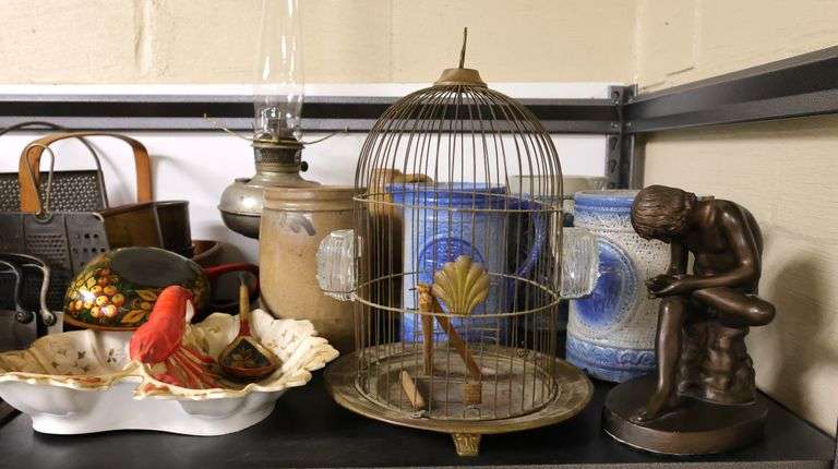 Lot of Antique Stoneware Jugs & Crocks, Bird Cage, Food Molds, Pitchers ...