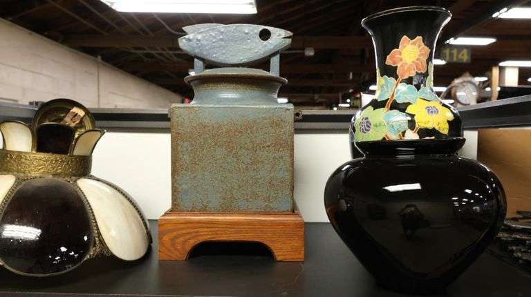 Vintage Hanging Slag Glass Chandelier, Art Pottery Urn with Fish ...