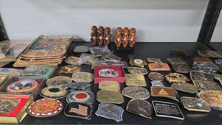 Collection of Vintage Belt Buckles, Comic Books, Monkey Figurines ...