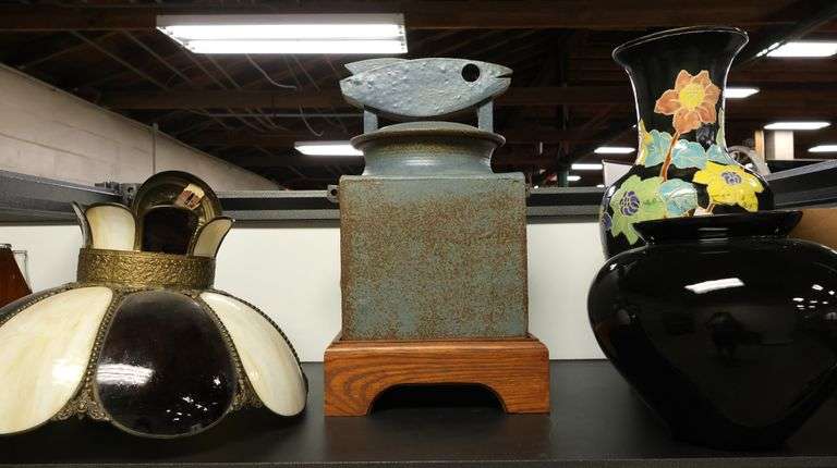 Vintage Hanging Slag Glass Chandelier, Art Pottery Urn with Fish ...