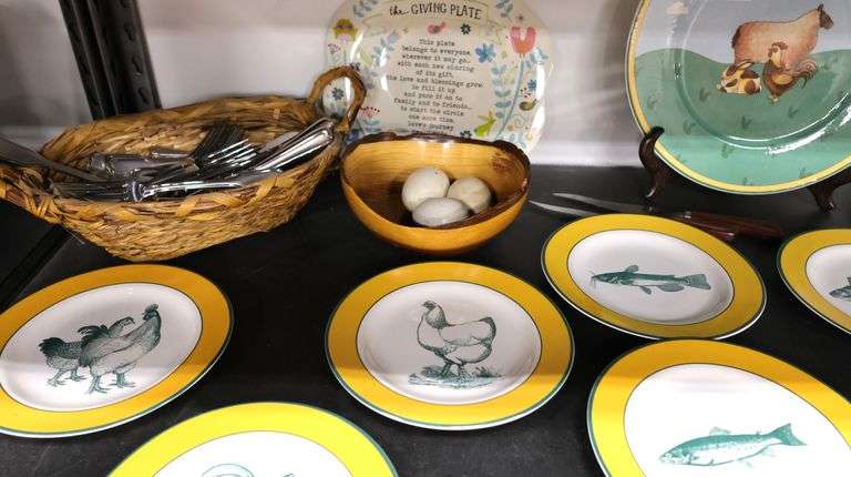 Lot of Primitive Artisan Dishes, Animal Platter, Basket of Flatware Etc ...