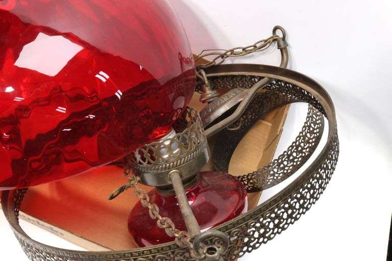 Hanging Ruby Glass Light Fixture, Chips to Shade - Dixon's Auction at ...