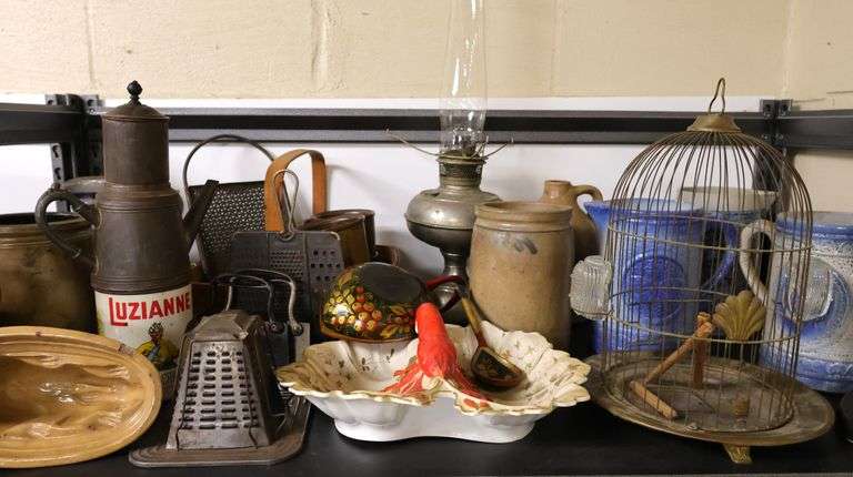 Lot of Antique Stoneware Jugs & Crocks, Bird Cage, Food Molds, Pitchers ...