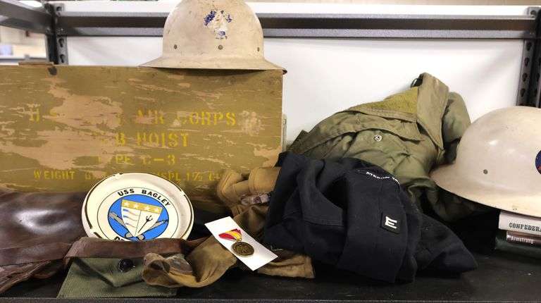 Lot of Vintage Military Clothing, Civil Defense Helmets, Air Corp Trunk ...