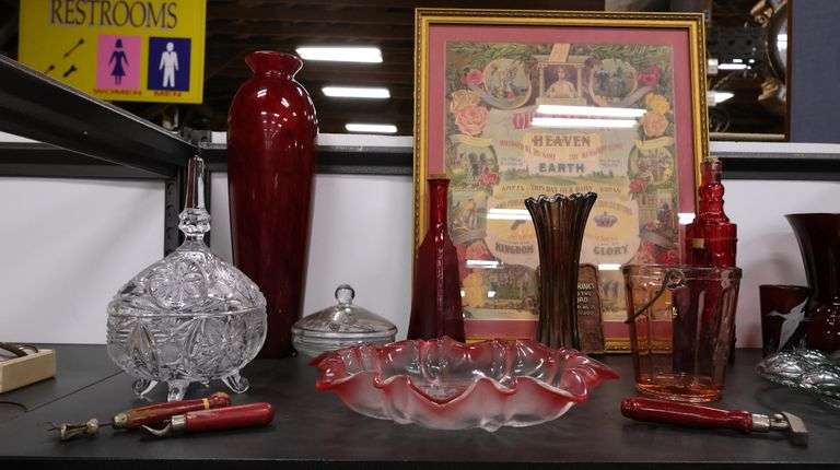 Lot of Ruby Red Glassware, Vintage Bird Glasses, Carnival Glass Vase, Kitchen Tools - Dixon's ...