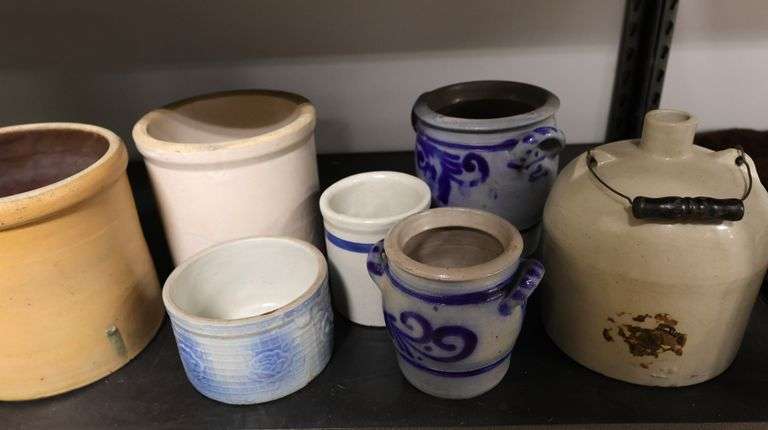 Lot of Antique Pottery Crocks, Stoneware Jug, Cobalt Decorated Crocks ...