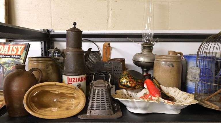 Lot of Antique Stoneware Jugs & Crocks, Bird Cage, Food Molds, Pitchers ...