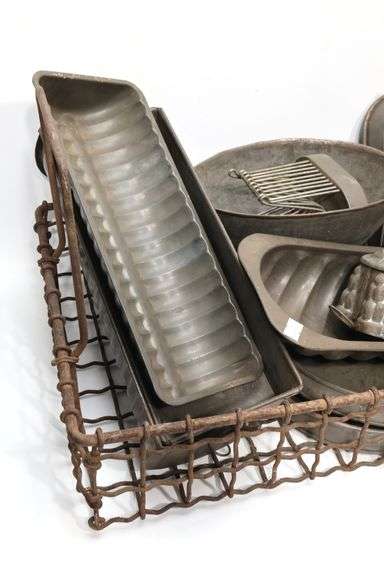 Generous Lot of Primitive Tin Kitchenware and Wire Basket - Dixon's ...