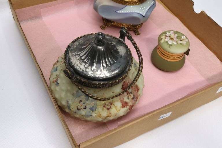 (3) Antique Wavecrest Dresser Boxes, Crown Milano Sweetmeat, Dresser Jars Have Nakara Marks ...