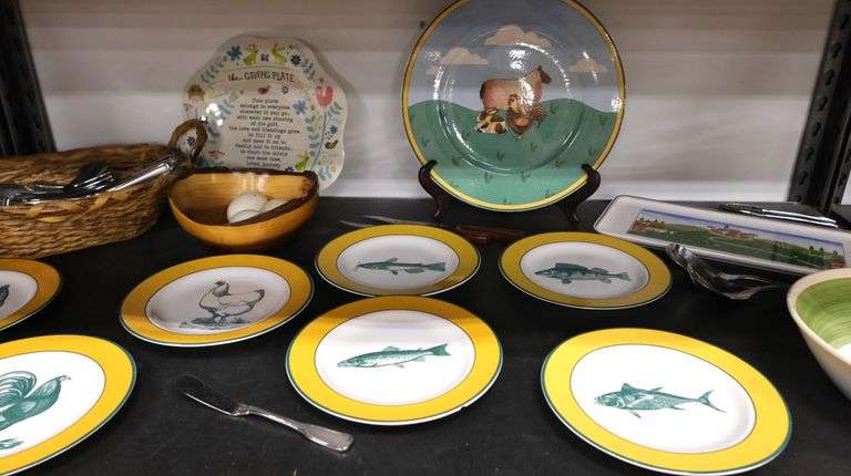 Lot of Primitive Artisan Dishes, Animal Platter, Basket of Flatware Etc ...