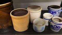 Lot of Antique Pottery Crocks, Stoneware Jug, Cobalt Decorated Crocks ...