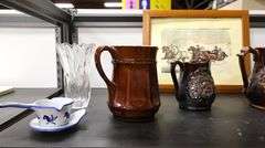 Lot of Vintage Rockingham Brown Mottled Glaze Pitchers, Winter Scene ...