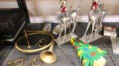 Lot of Christmas Reindeer, Brass Horns & Painted Wood Tree Decorations ...