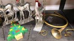 Lot of Christmas Reindeer, Brass Horns & Painted Wood Tree Decorations ...