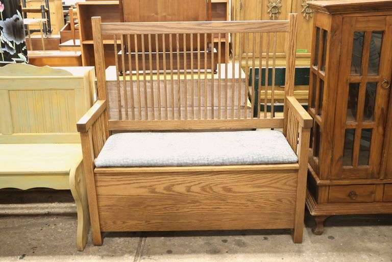 Modern Mission Style Oak Bench with Storage - Dixon's Auction at Crumpton