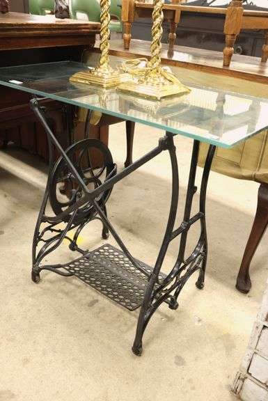 Industrial Sewing Machine Style Glass Top Table - Dixon's Auction at ...
