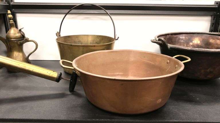 Lot of Primitive Brass & Copper Cookware, Sprayer & Kettle - Dixon's Auction at Crumpton