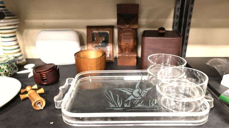 Lucite Dishes & Duck Tray, Carved Owl & Mirror, Ice Bucket, Corkscrew ...