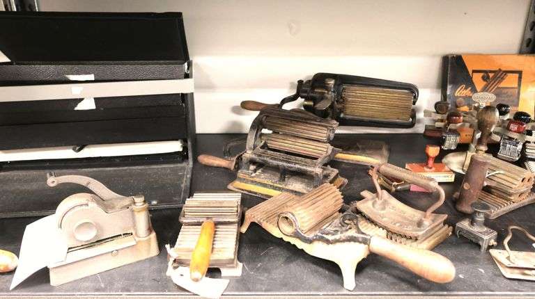 Collection of Antique Fluter & Roller Machines Desk Caddy & Stamps Etc ...