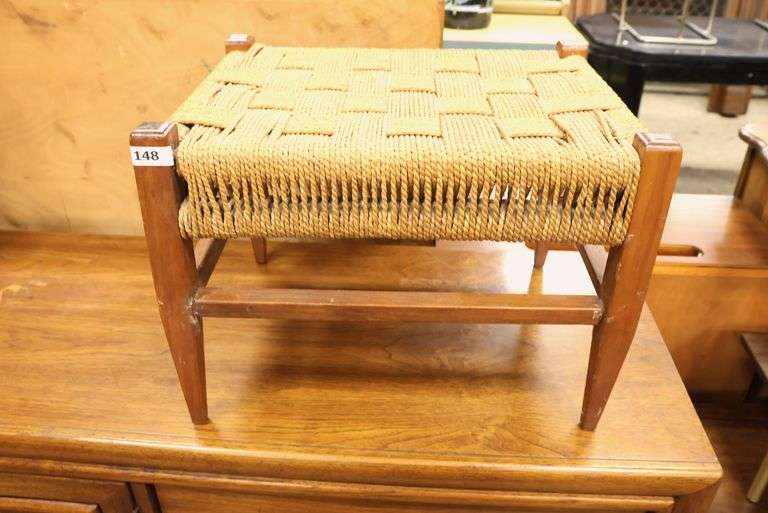 MCM Twisted Rope and Walnut Footstool, Finish Wear and Loose Joints ...