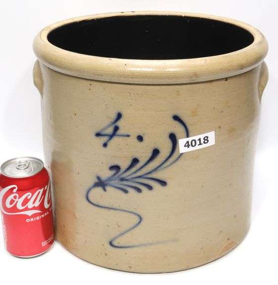 Antique Midwestern Blue-Decorated Stoneware Four-Gallon Crock, Rim ...