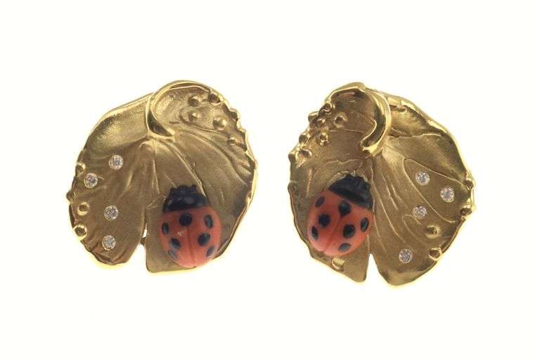 18k Gold Diamond Leaf with Ladybug Post Earrings 11.1g - Dixon's ...