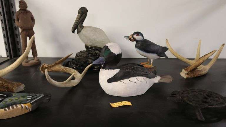 Lot Signed Duck Decoy, Pelican Lamp, Airman Statue, Turtle Trivet Etc ...