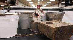 Vintage Blue Rock Trap Shoot Device, Enamel & Galvanized Pails, Bird ...