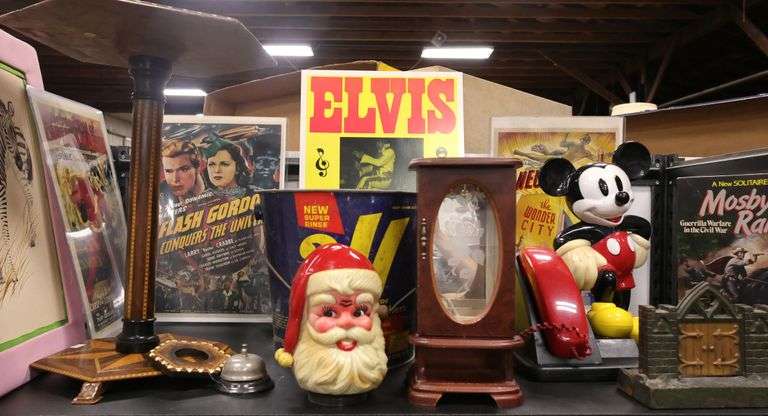 Lot of Advertising Posters, Jewelry Box, Vintage Santa Music Box ...