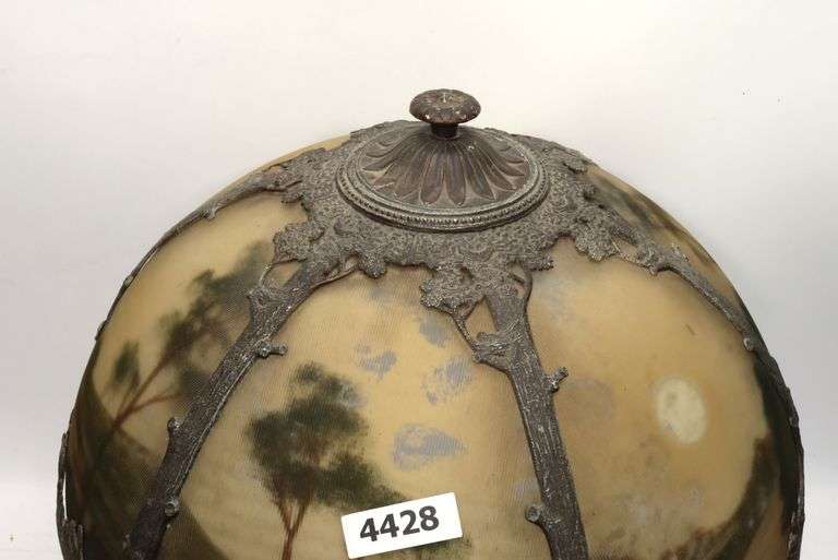 Antique Patinated Spelter and Reverse Painted Glass Table Lamp with ...